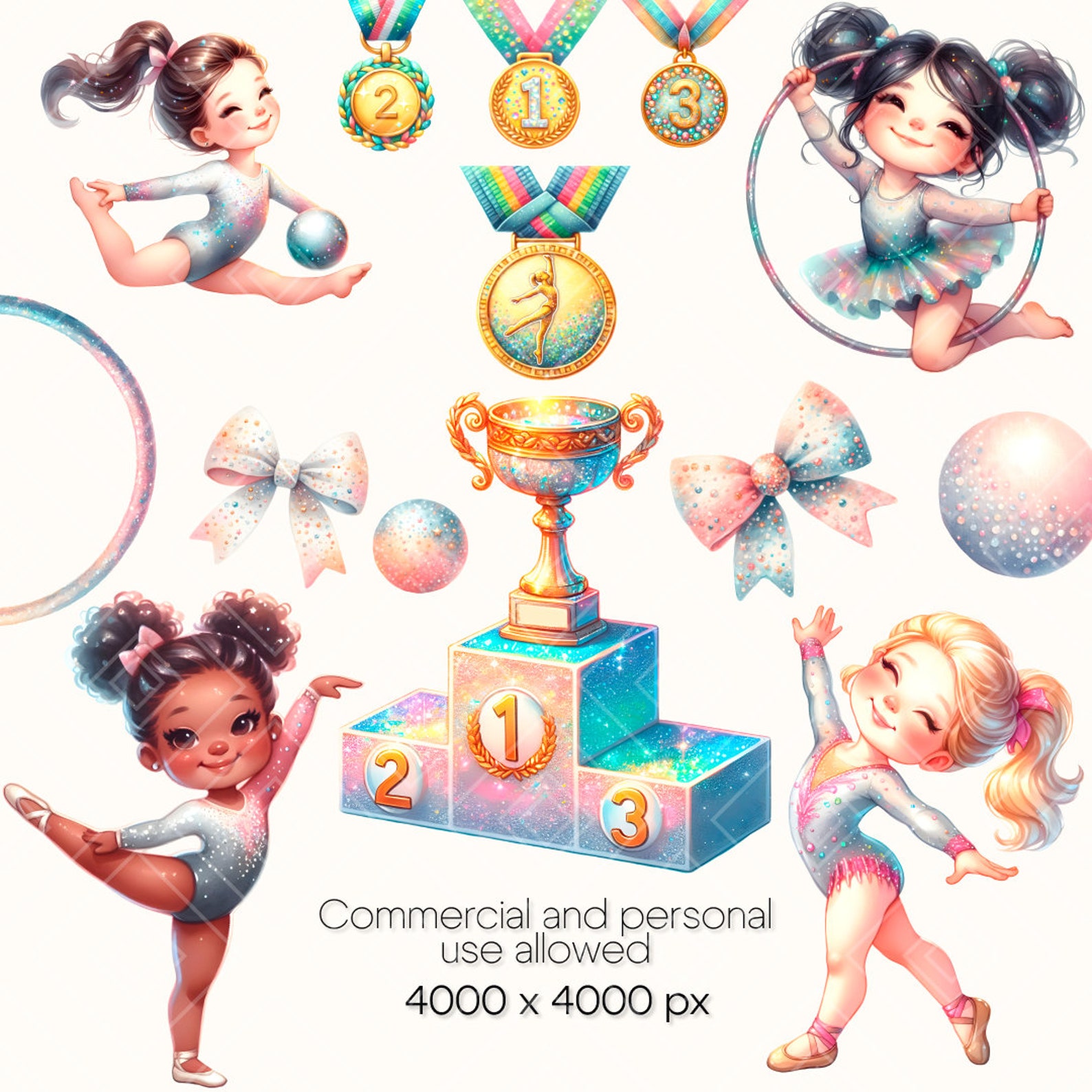 Gymnastics Girl Clipart: Rhythmic Ribbon, Balance Beam (digital ...