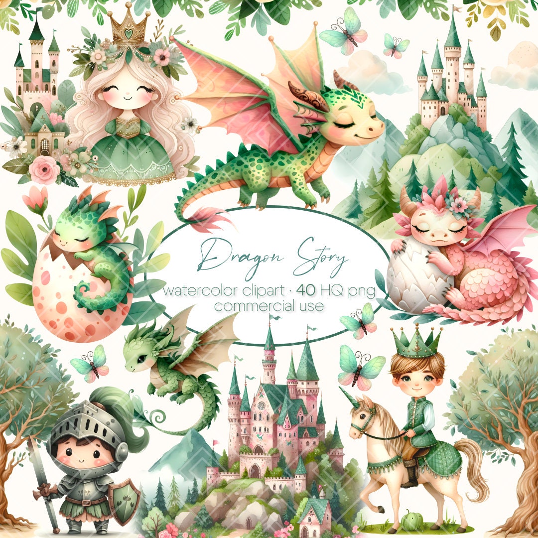 Neutral Dragon Watercolor Clipart, Fairy Tale Clipart, Cute Dragon PNG ...