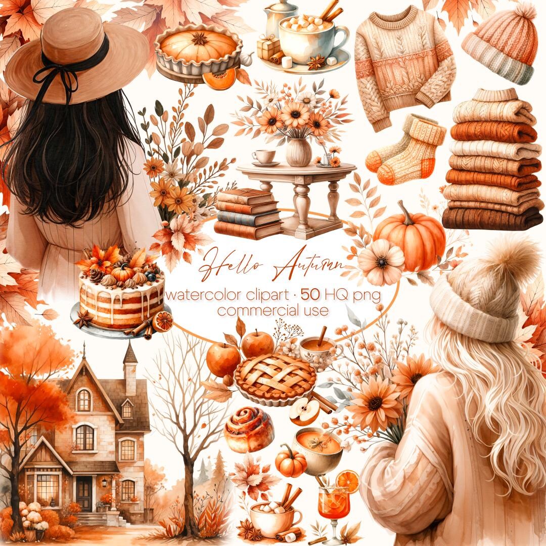 Watercolor Autumn Clipart Bundle, Fall Clip Art, Cozy Autumn PNG ...