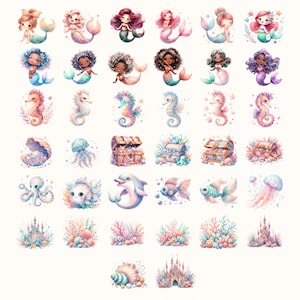 Mermaid Clipart Bundle, Watercolor Cute Mermaid Clipart Png, Cute Sea ...