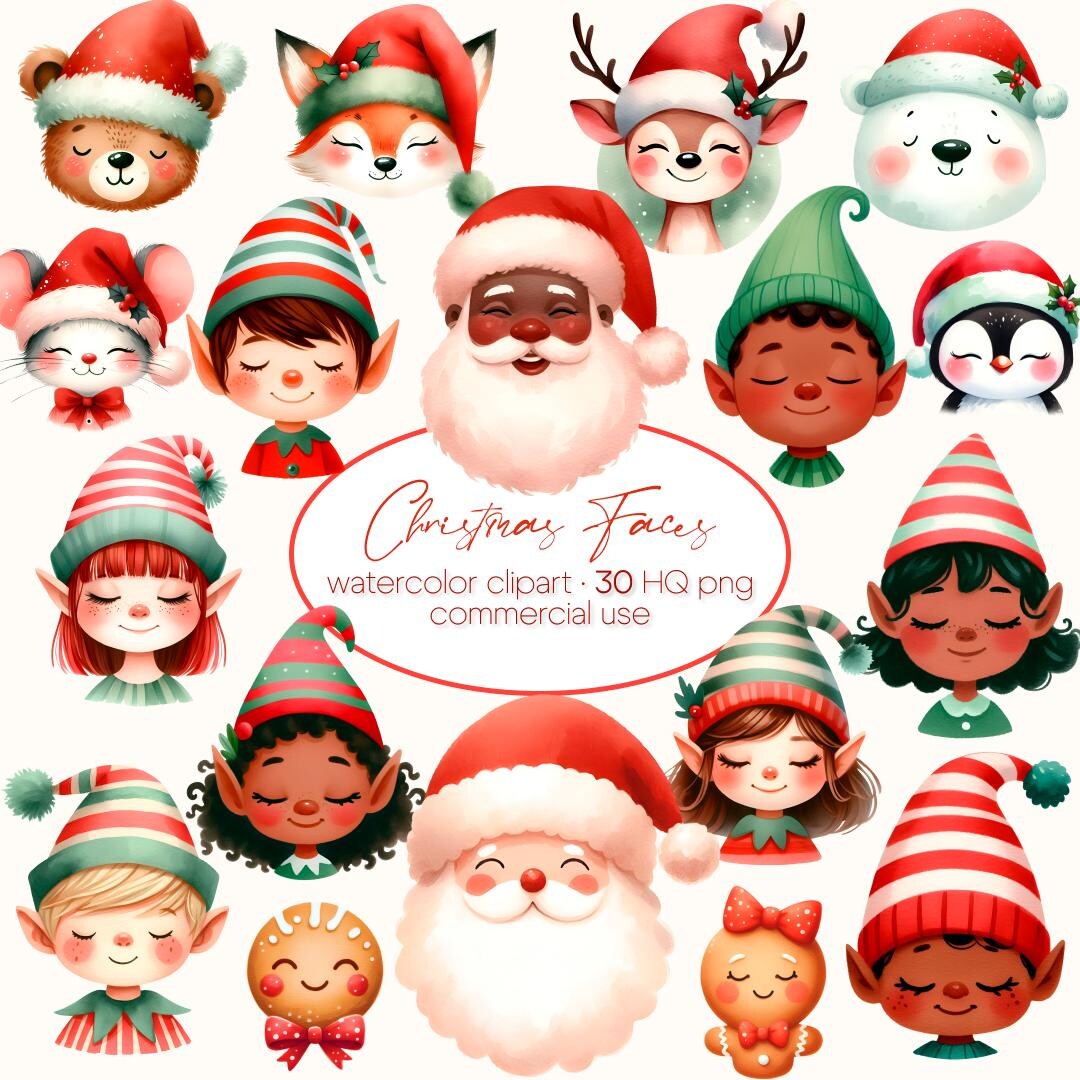 Christmas Faces Clipart, Christmas Elf Clipart, Christmas Animal Faces ...
