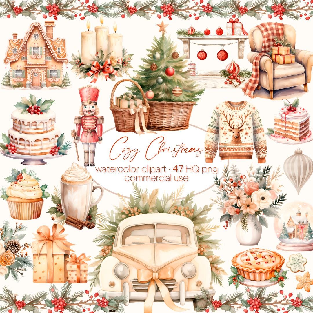 Cozy Christmas Watercolor Clipart: Holiday PNG Set (commercial License ...