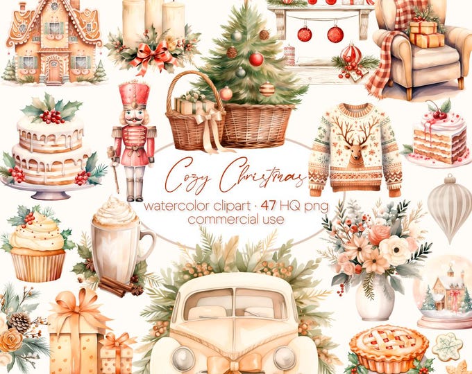 Watercolor Christmas Clipart Set: Cozy Holiday Illustrations (digital ...
