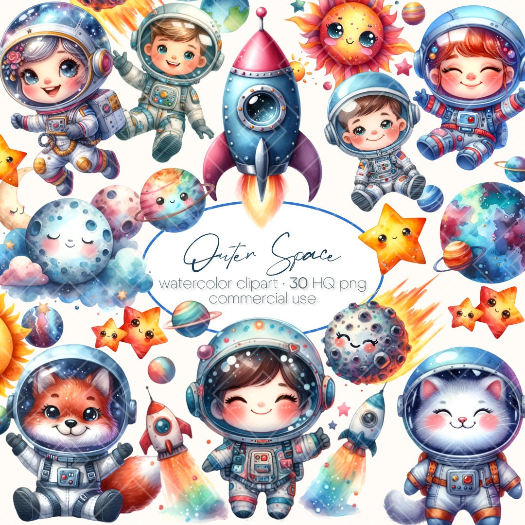 Watercolor Cute Space Clipart Bundle, Outer Space Clipart, Space Girl ...
