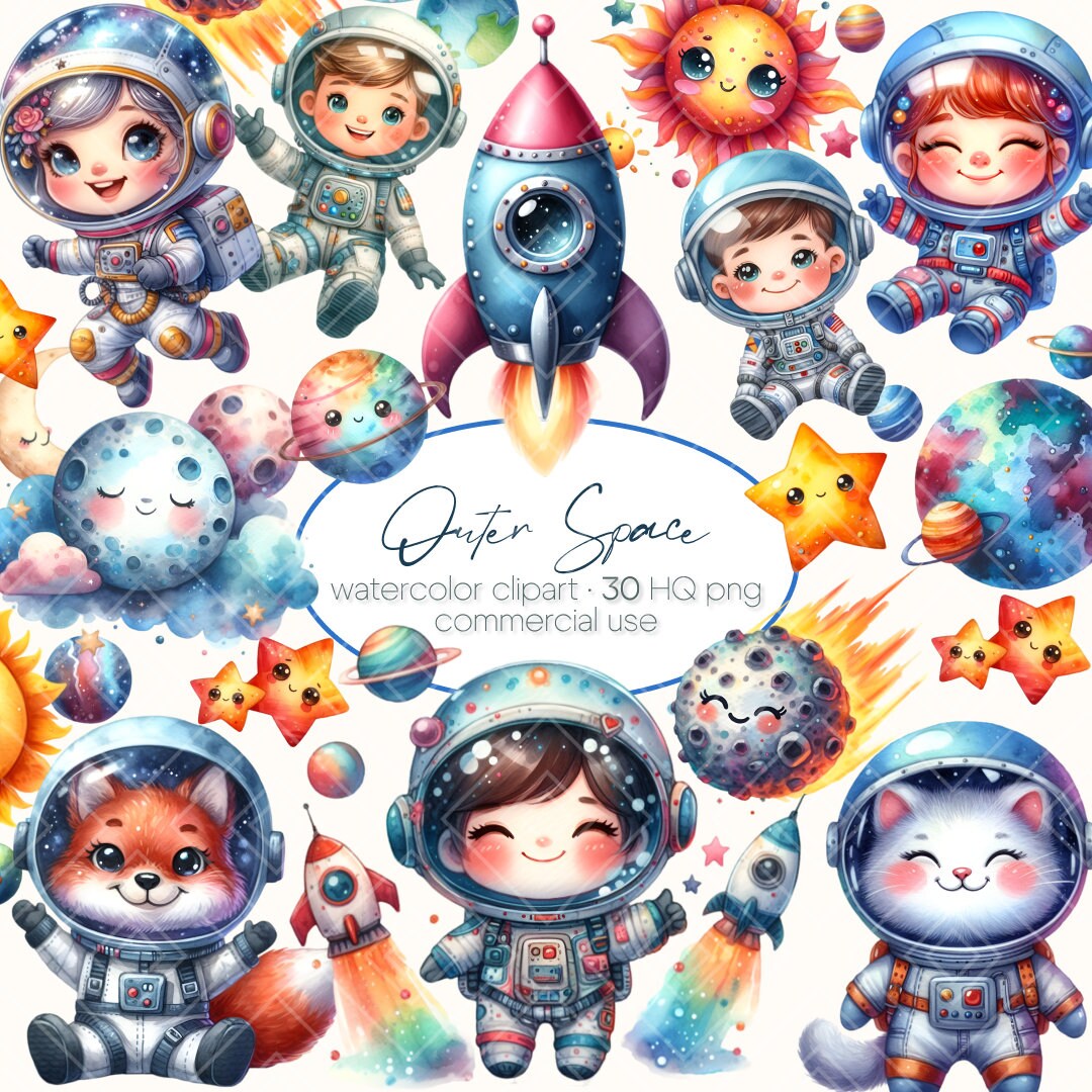 Watercolor Cute Space Clipart Bundle, Outer Space Clipart, Space Girl ...