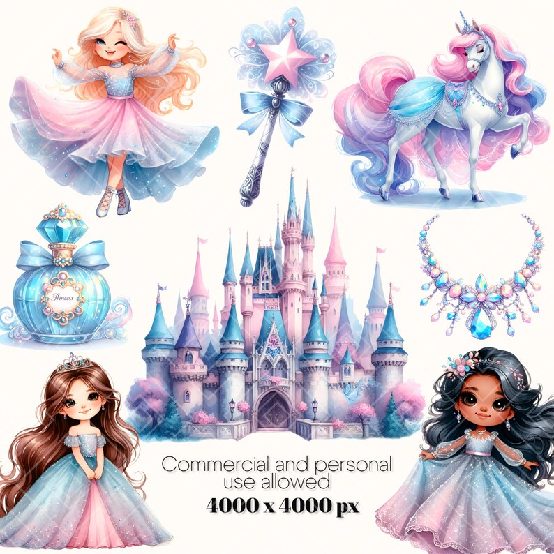 Watercolor Blue Princess Clipart, Little Princess Clipart, Fairytale ...