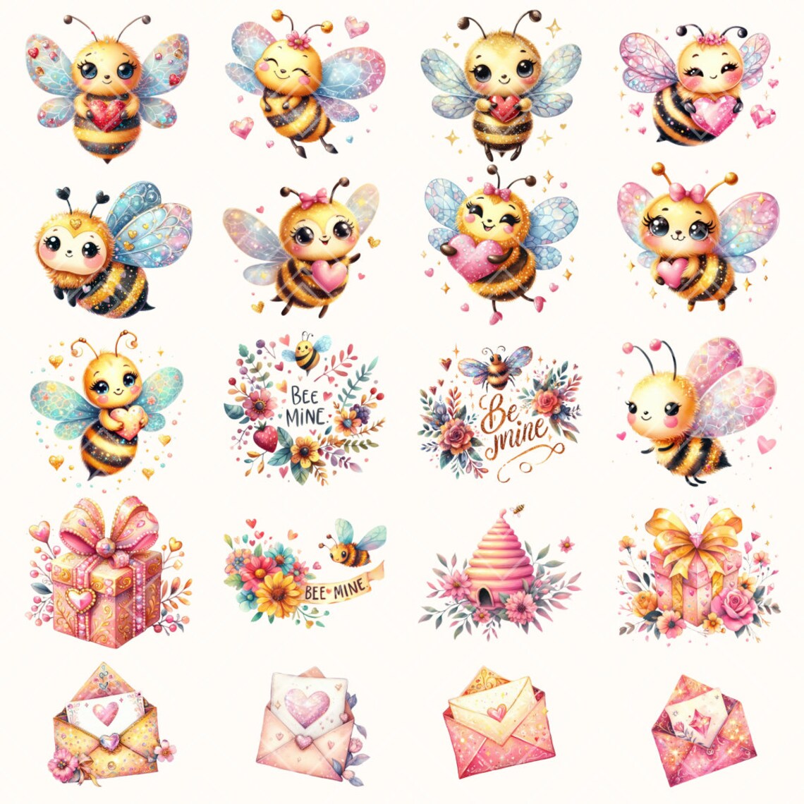 Watercolor Happy Valentines Day Clipart, Bee My Valentine Clipart ...