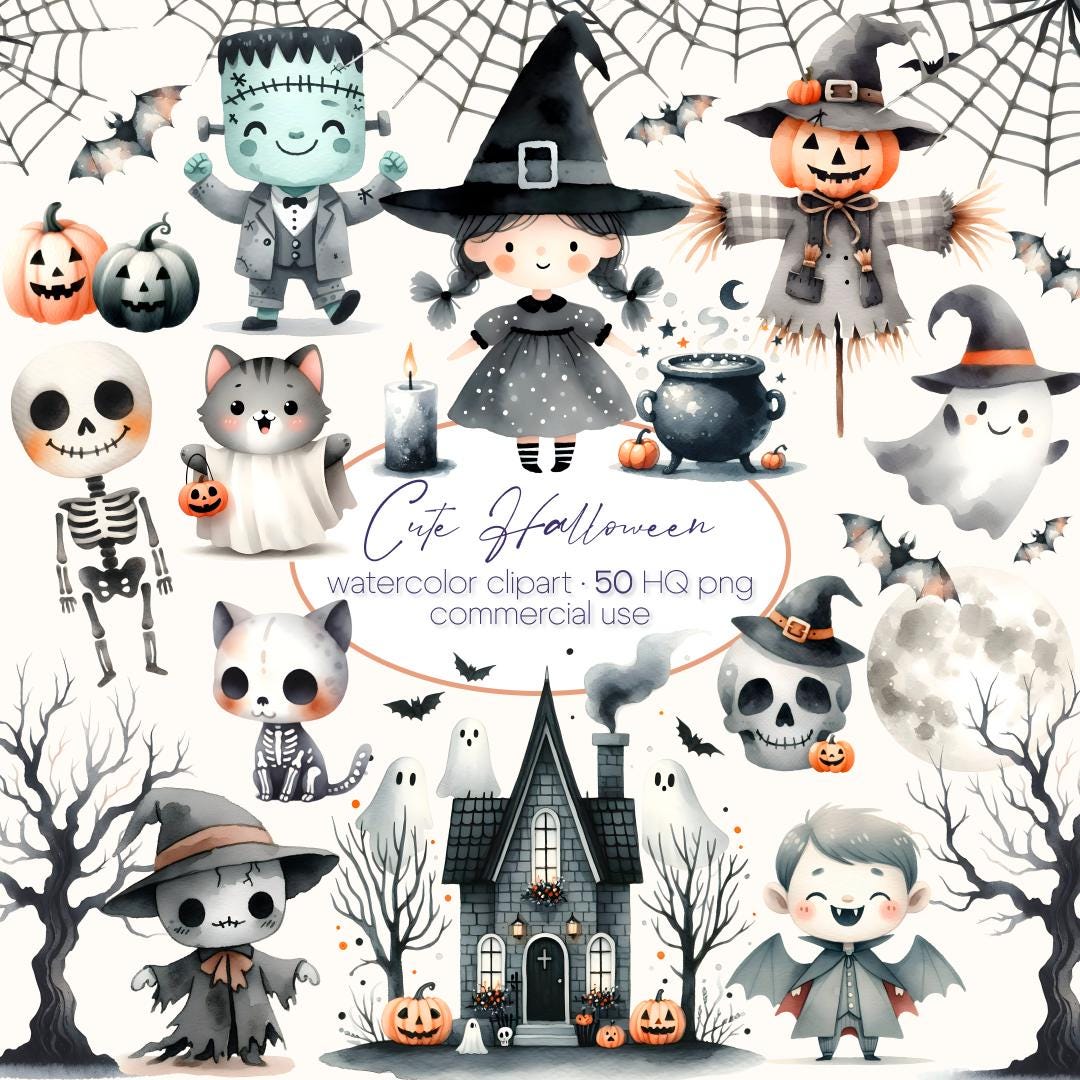 Cute Halloween Watercolor Clipart Bundle, Pumpkin Clipart, Halloween ...