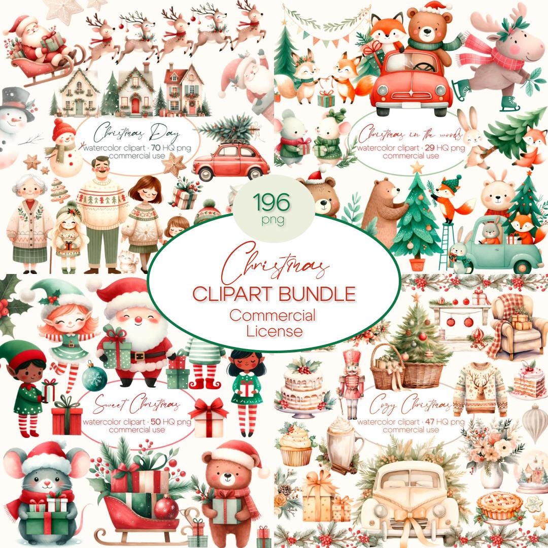 Cute Christmas Clipart Bundle, Cute Santa Clipart, Festive Clipart ...