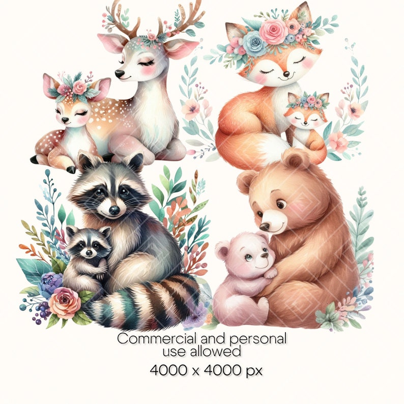 Watercolor Mama and Baby Animal Clipart, Mother's Day Clipart, Baby ...