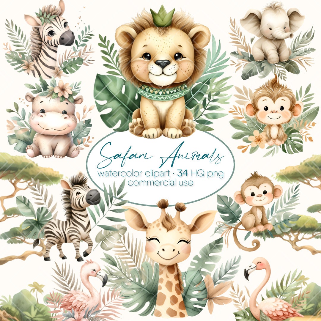 Watercolor Safari Animals Clipart: 34 PNG Illustrations (digital ...