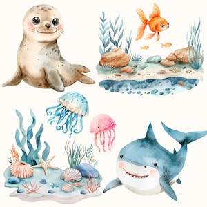 Undersea Watercolor Clipart, Cute Ocean Animals PNG, Baby Shower ...