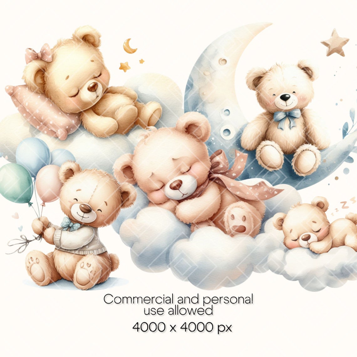 Watercolor Teddy Bear Clipart, Sleeping Teddy Bears, Blue Teddy Bear ...