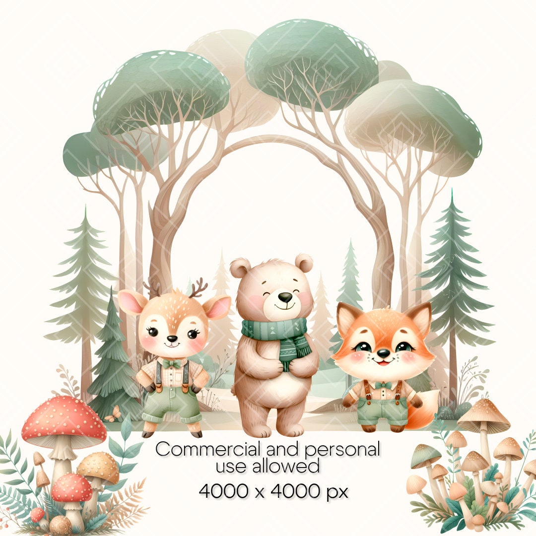 Watercolor Woodland Animals Clipart: 45 PNG Illustrations (digital ...