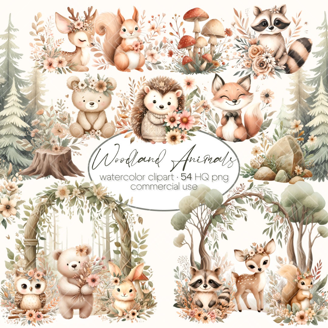 Watercolor Woodland Animals Clipart: 54 PNG Illustrations (digital ...