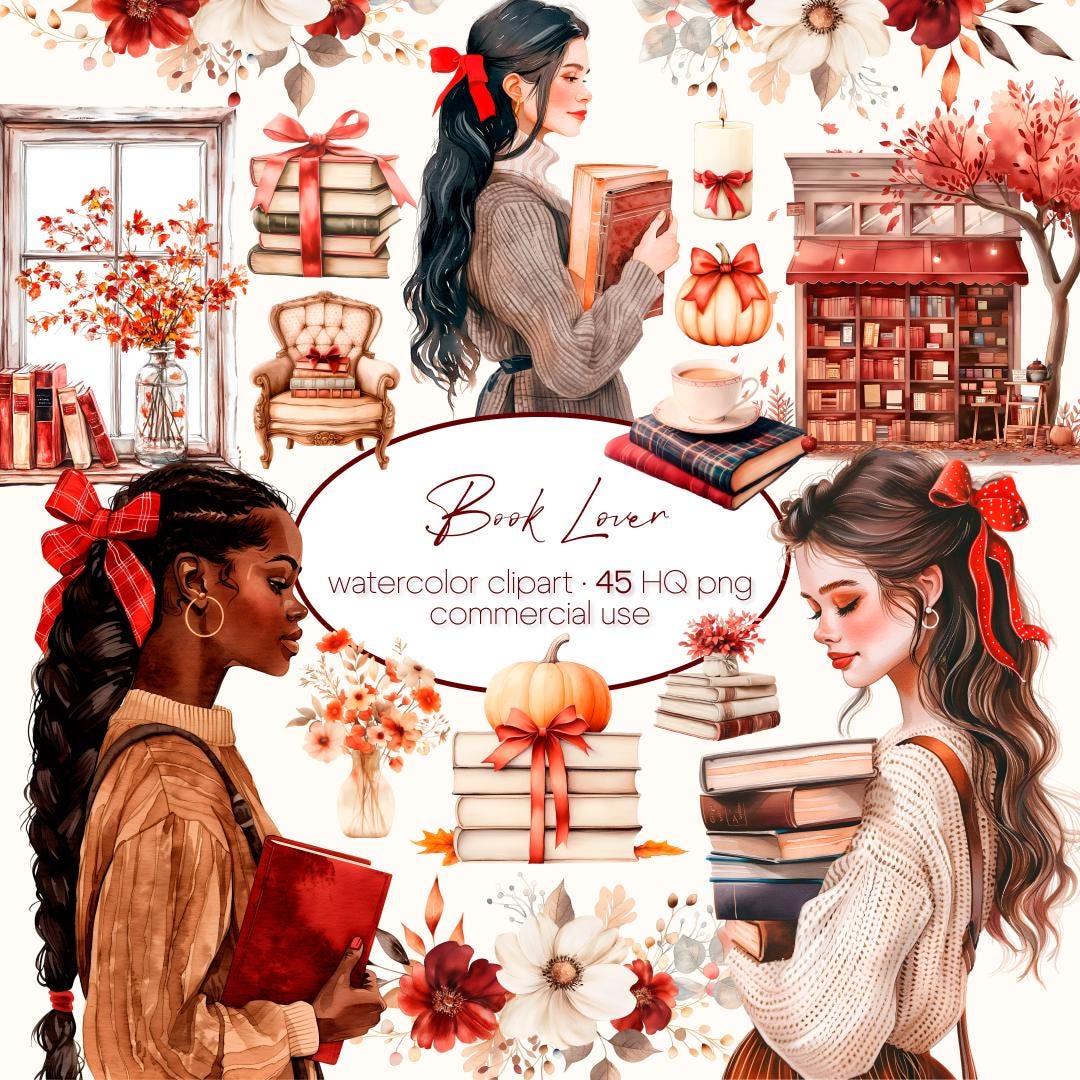 Book Reading Clipart, Autumn Clipart, Watercolor Bookworm Clipart, Book ...