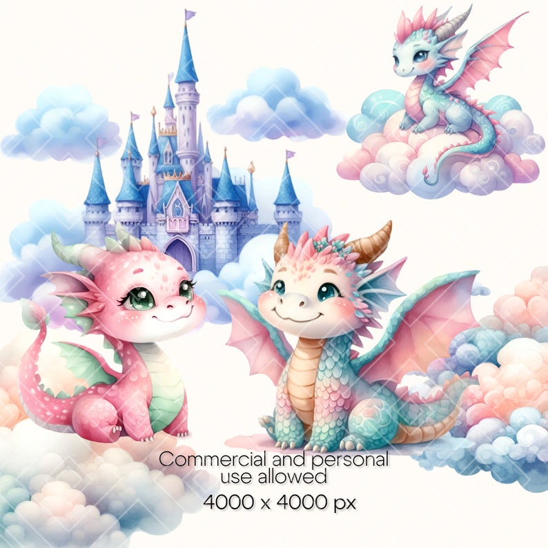 Watercolor Dragon Clipart, Cute Dragon Clipart, Dragon Kingdom, Pastel ...