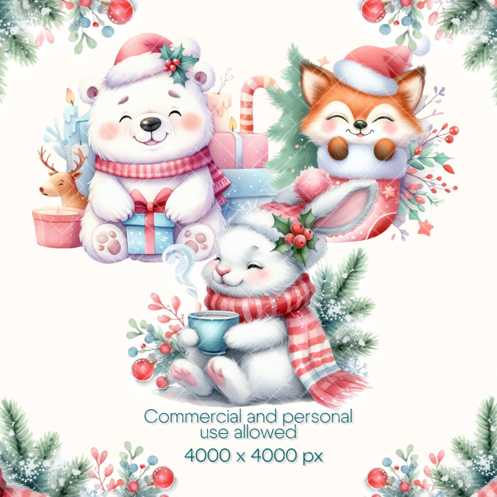 Christmas Animals Watercolor Clipart Bundle, Cute Watercolor Christmas ...