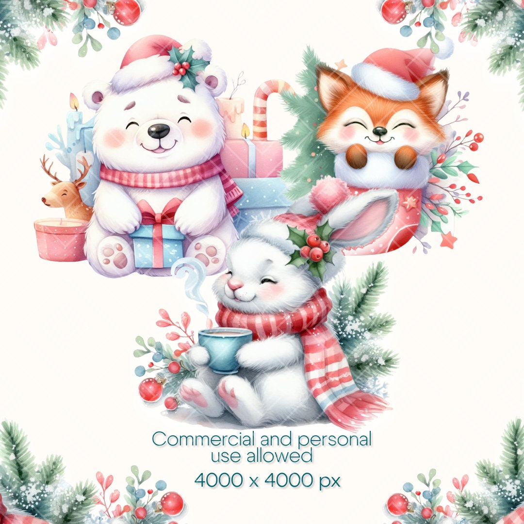 Christmas Animals Watercolor Clipart Bundle, Cute Watercolor Christmas ...