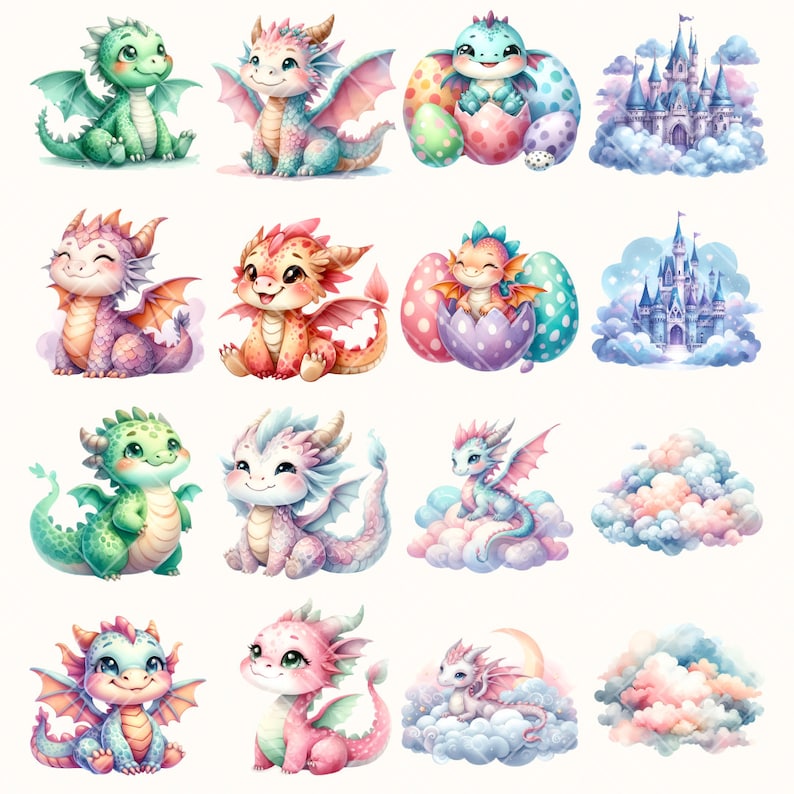 Watercolor Dragon Clipart, Cute Dragon Clipart, Dragon Kingdom, Pastel ...