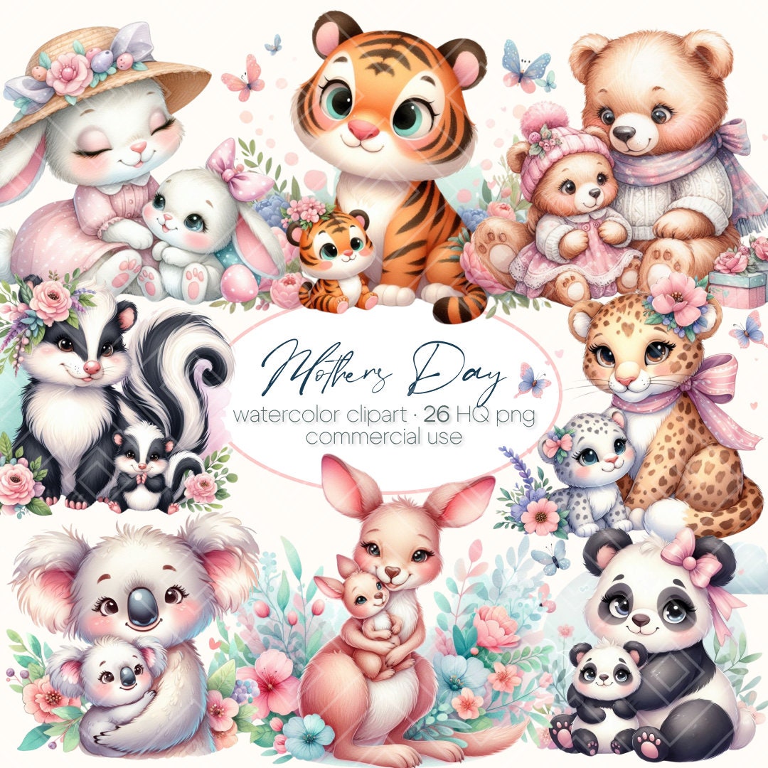 Watercolor Mama and Baby Animal Clipart, Mother's Day Clipart, Baby ...