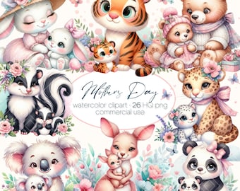 Watercolor Mama and Baby Animal Clipart, Baby Animals, Cute Animal PNG ...