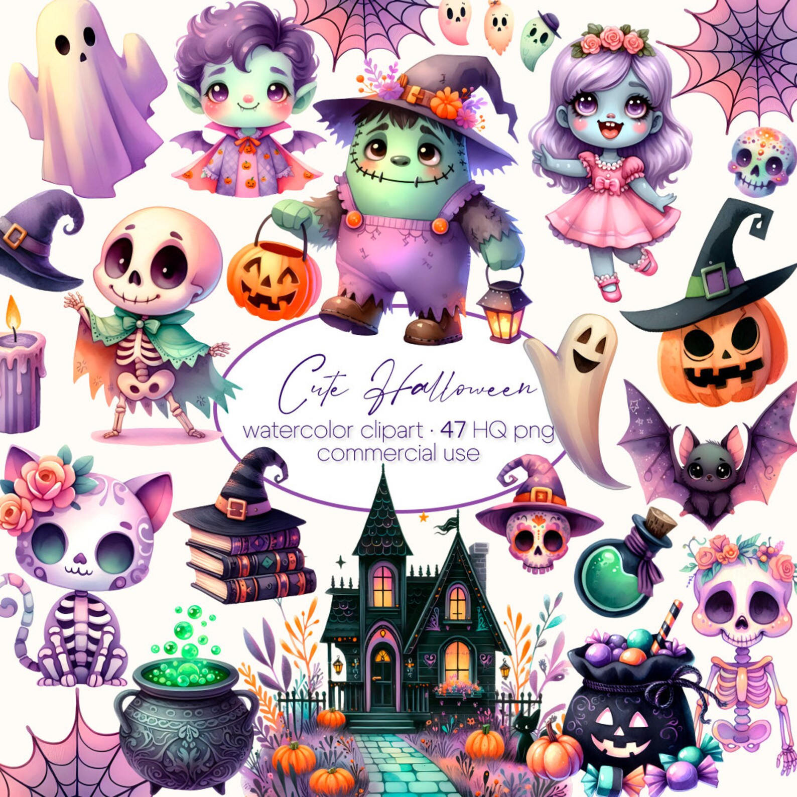 Cute Halloween Watercolor Clipart Bundle, Pumpkin Clipart, Halloween ...