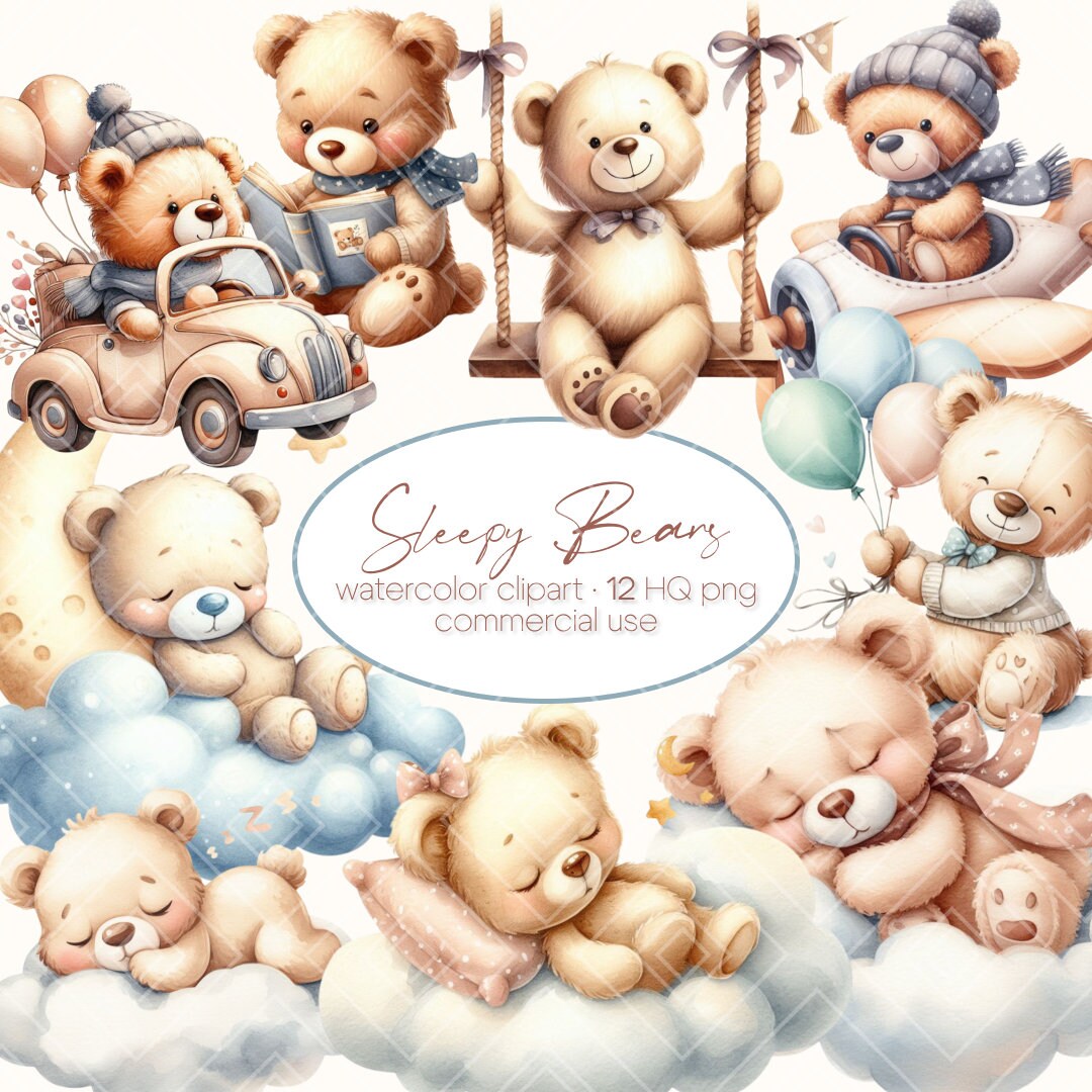 Watercolor Teddy Bear Clipart: Sleeping Bears, Baby Shower Decor ...