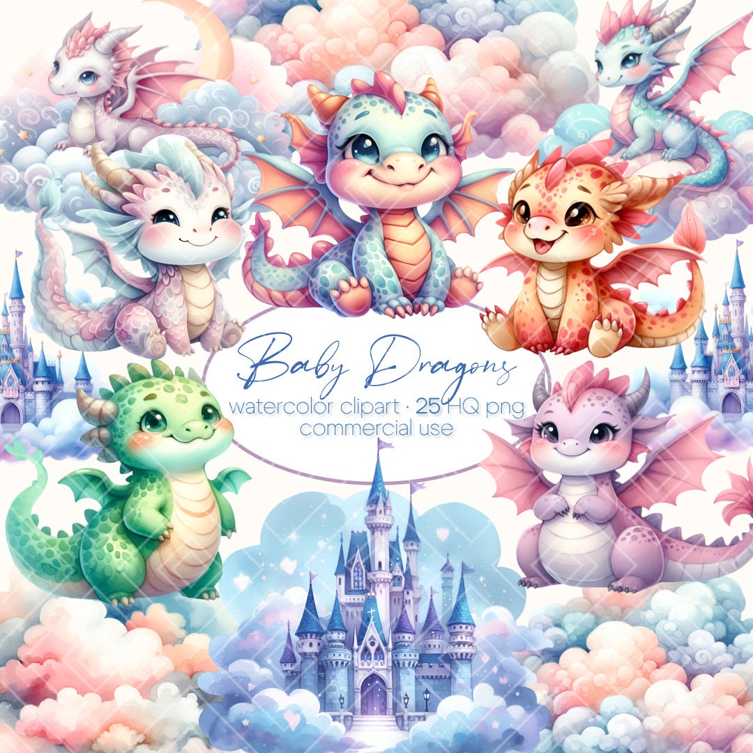 Watercolor Dragon Clipart, Cute Dragon Clipart, Dragon Kingdom, Pastel ...