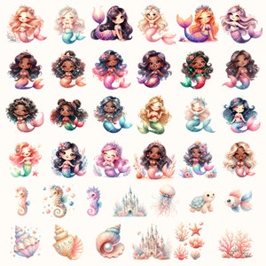 Mermaid Clipart Bundle, Watercolor Cute Mermaid Clipart Png, Cute Sea ...