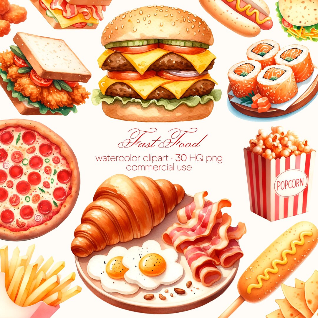 Watercolor Fast Food Clipart Bundle: 30 PNG Food Graphics - Etsy