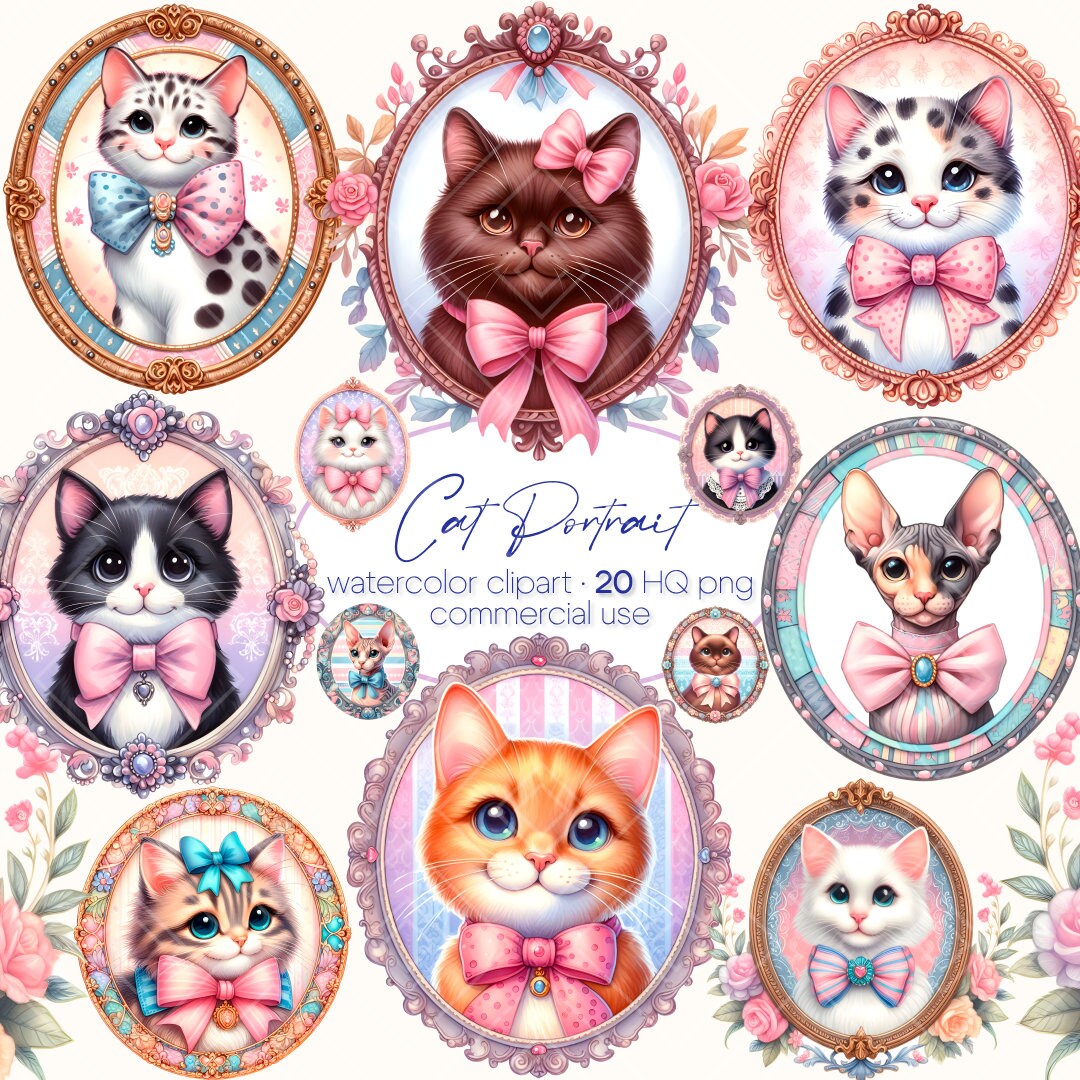 Cute Cat Clipart Bundle, Cute Cat Portraits, Quirky Cat Clipart ...