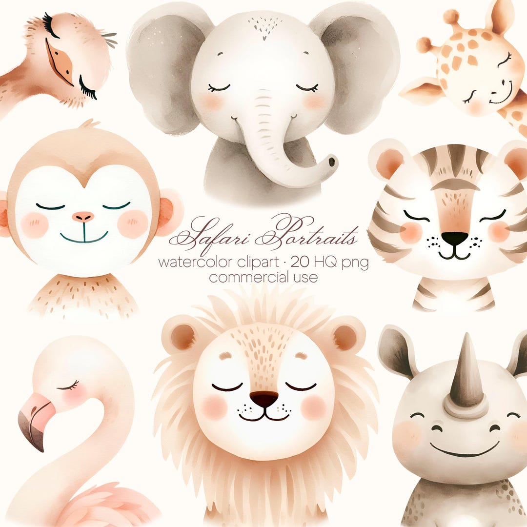 Safari Animals Clipart: Watercolor PNG Portraits (digital Download) - Etsy