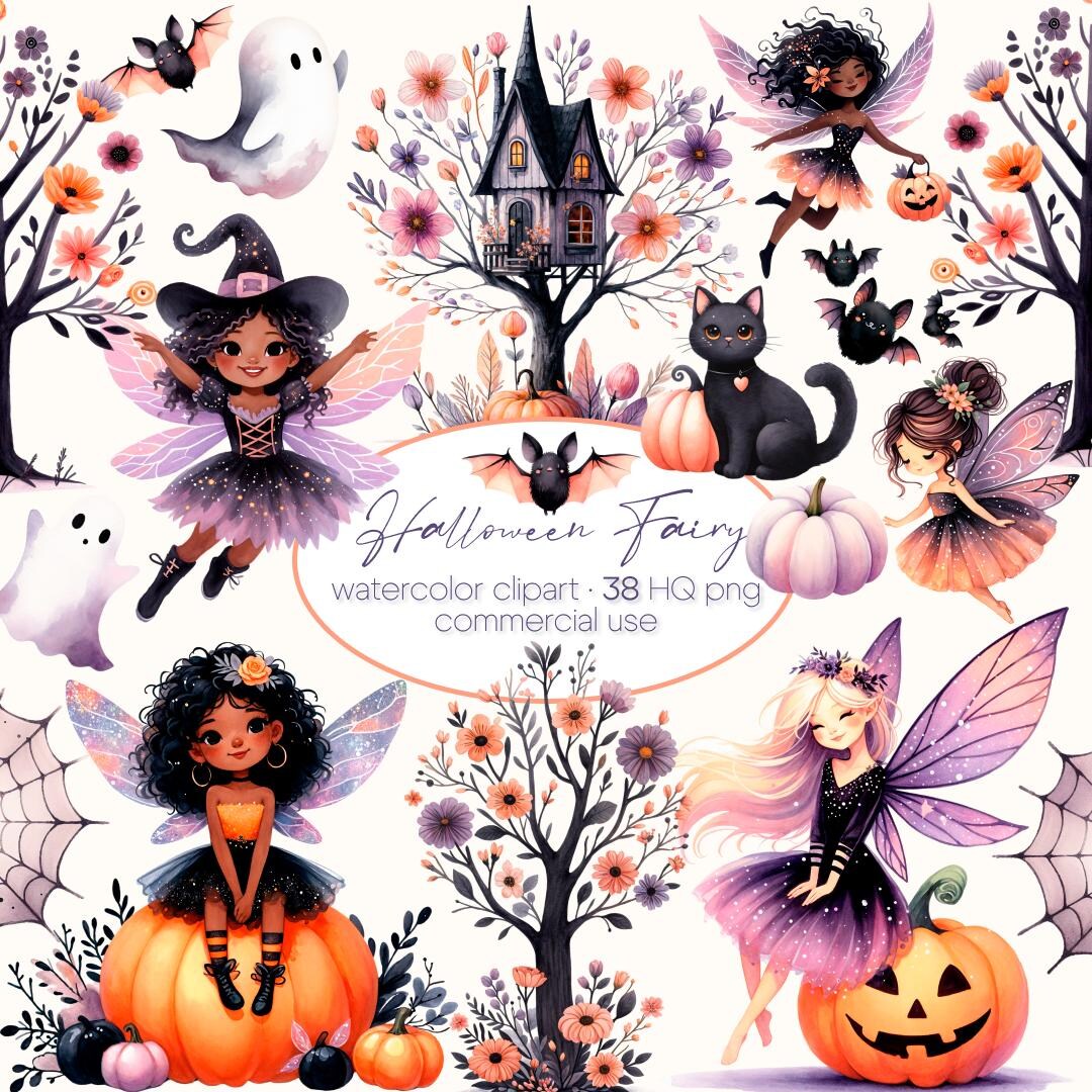 Halloween Fairy Garden Watercolor Clipart, Halloween Fairies PNG ...