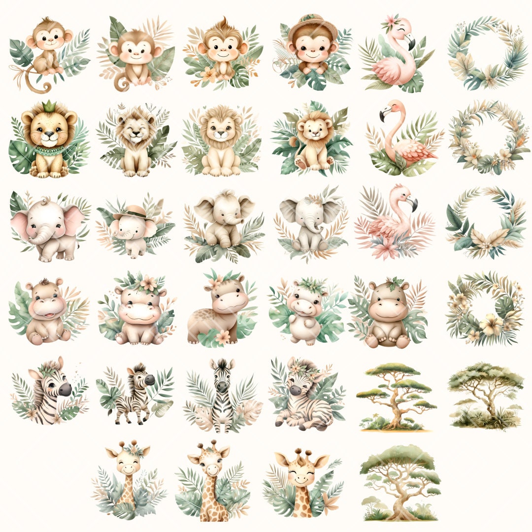 Watercolor Safari PNG Safari Animals Clipart Watercolor - Etsy UK