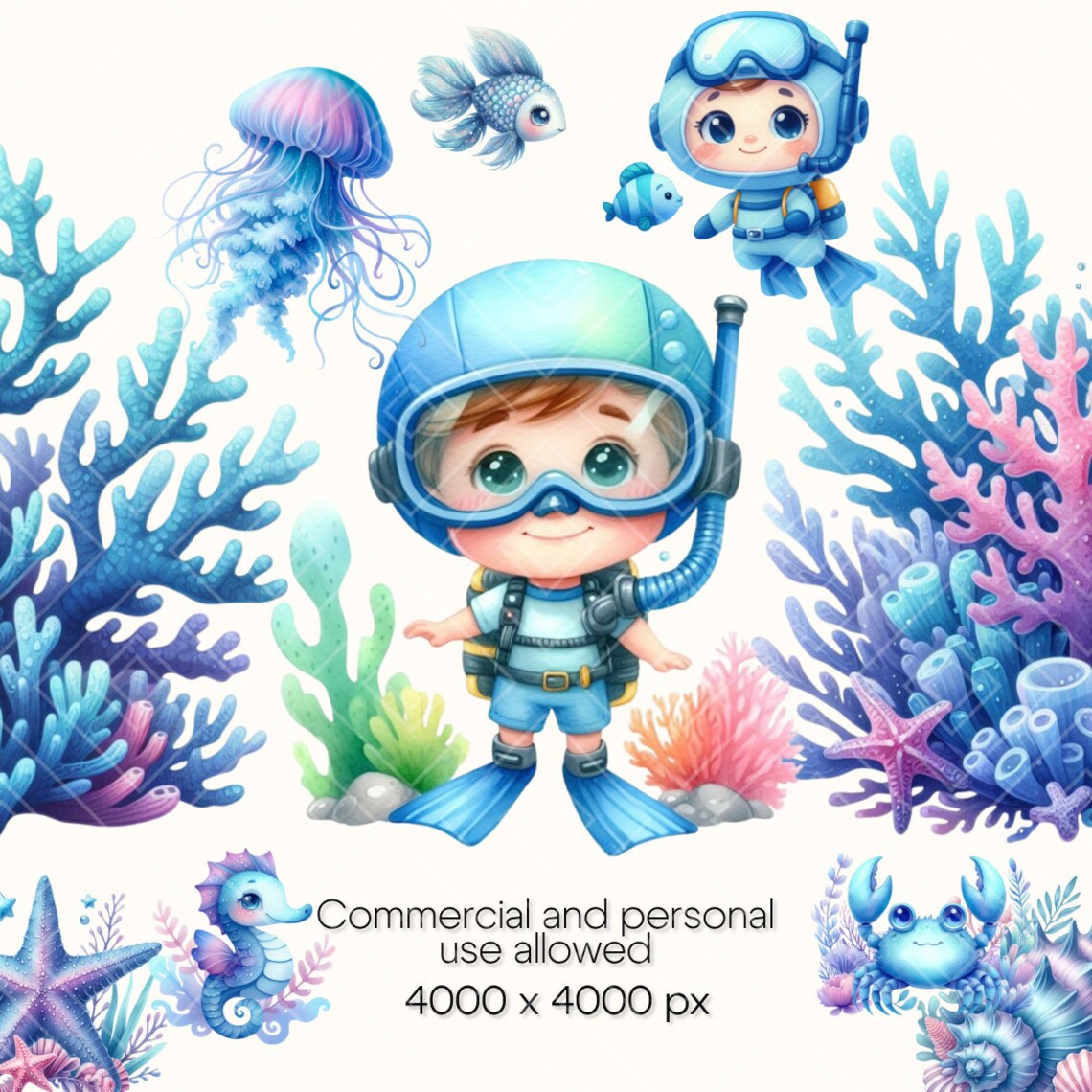 Undersea Watercolor Clipart Bundle, Cute Ocean Animals PNG, Baby Shower ...