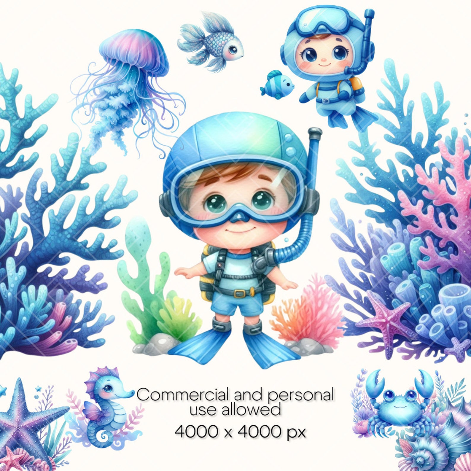 Undersea Watercolor Clipart Bundle, Cute Ocean Animals PNG, Baby Shower ...