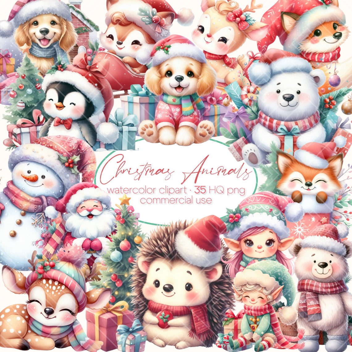 Christmas Animals Watercolor Clipart Bundle, Cute Watercolor Christmas ...