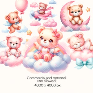 Watercolor Pink Teddy Bear Clipart, Sleeping Teddy Bears, Little Teddy ...