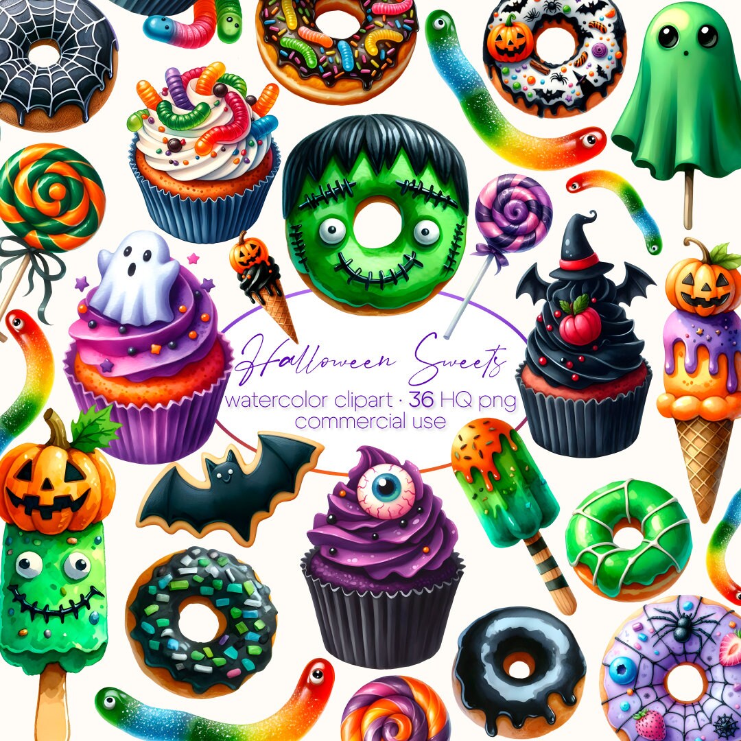 Watercolor Halloween Sweets Clipart: 36 PNG Illustrations (digital ...