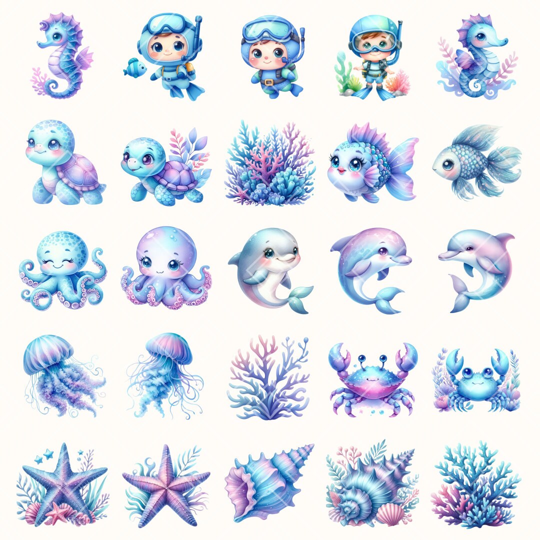 Undersea Watercolor Clipart Bundle, Cute Ocean Animals PNG, Baby Shower ...