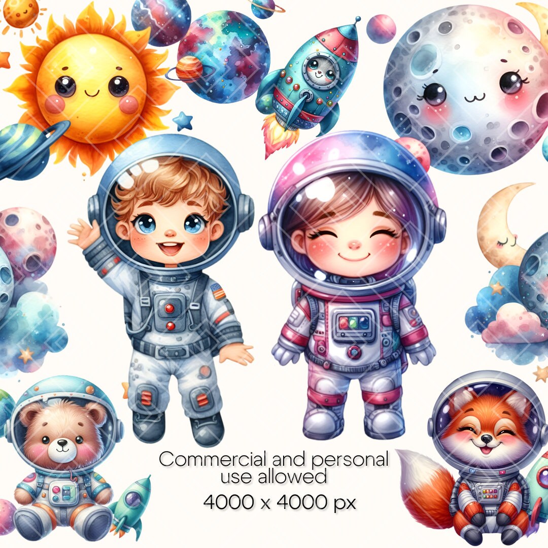 Watercolor Cute Space Clipart Bundle, Outer Space Clipart, Space Girl ...