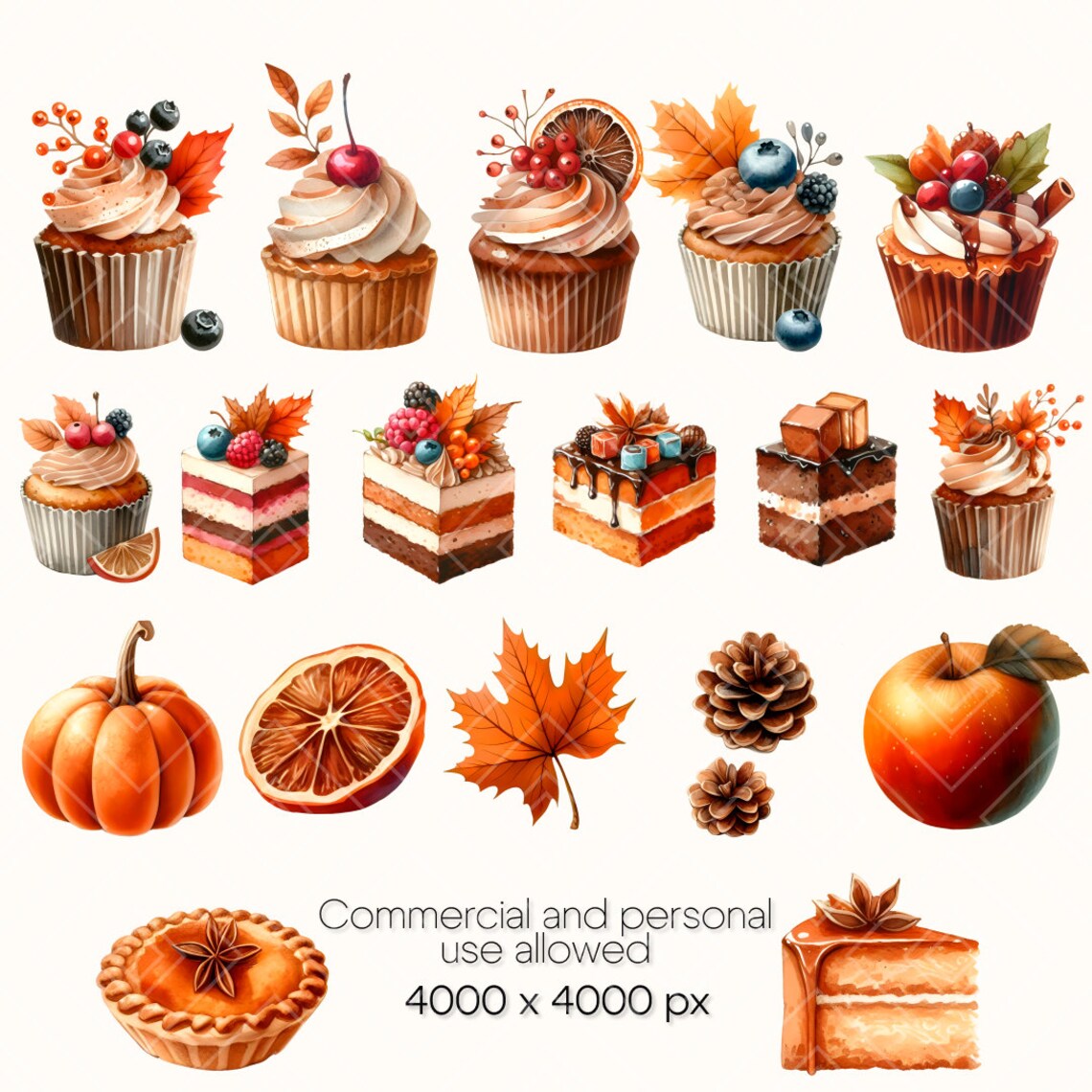 Watercolor Fall Sweets Clipart: Autumn Baking Illustrations (digital ...
