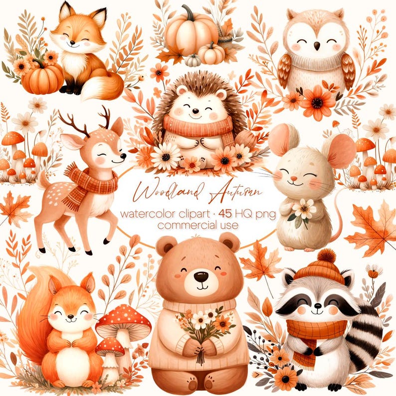 Watercolor Autumn Animals Clipart Bundle: Fox, Bear, Deer (digital ...
