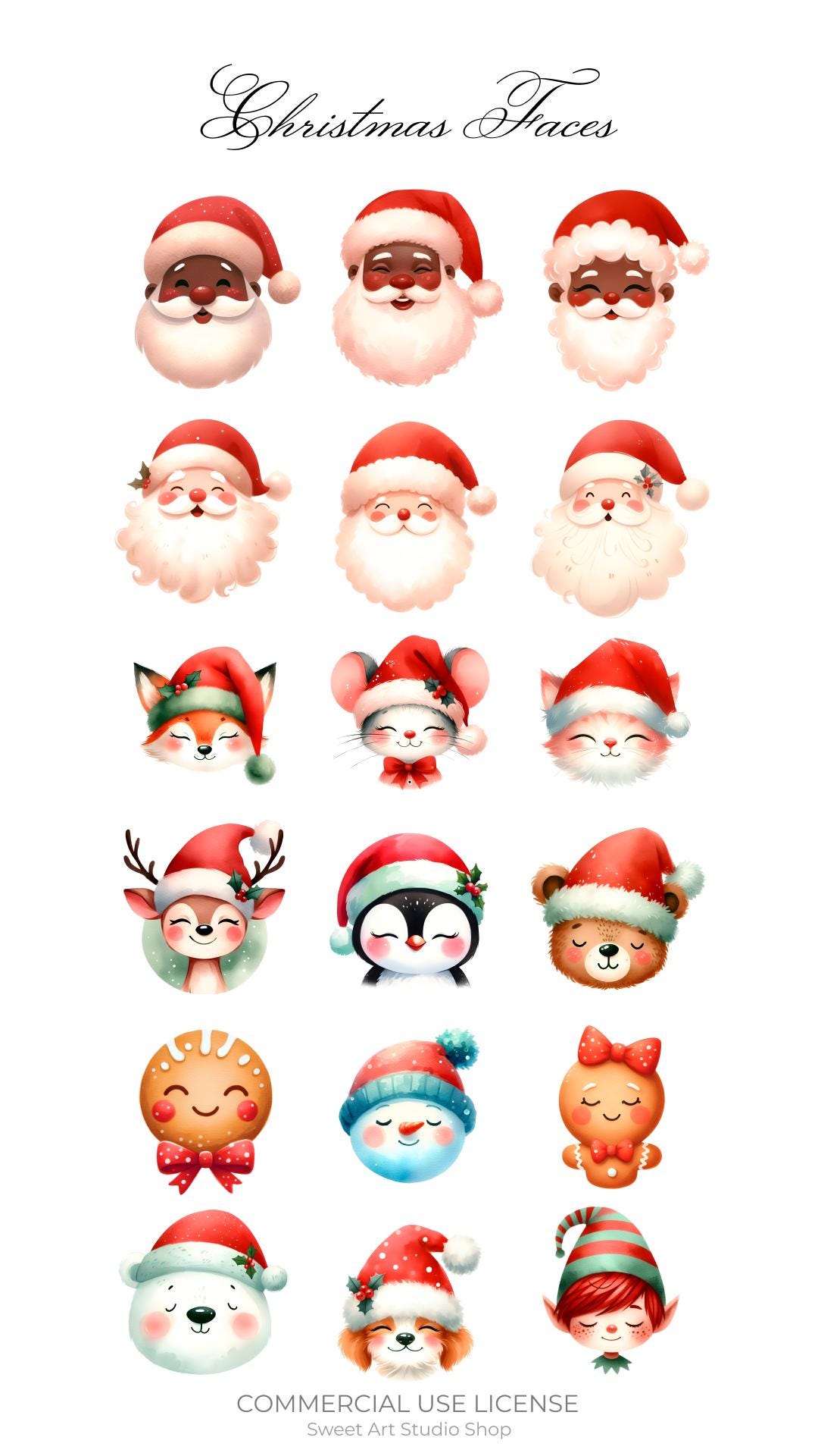 Christmas Faces Watercolor Clipart: Santa, Elf, Animals (digital ...