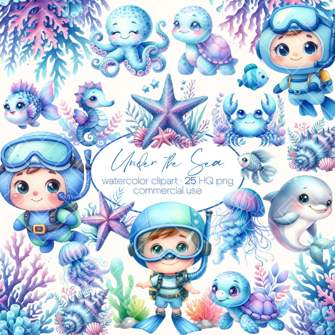 Undersea Watercolor Clipart Bundle, Cute Ocean Animals PNG, Baby Shower ...