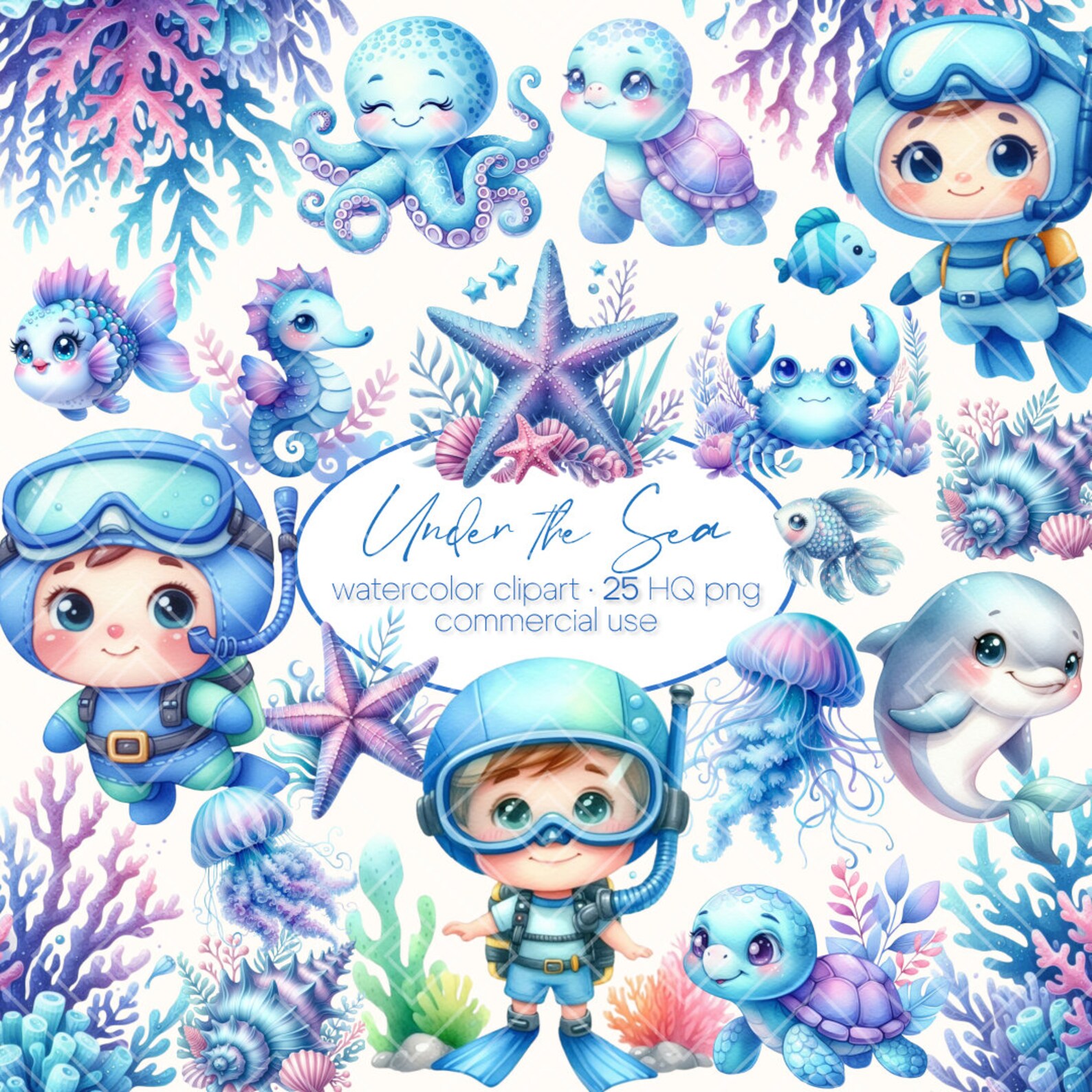 Undersea Watercolor Clipart Bundle, Cute Ocean Animals PNG, Baby Shower ...