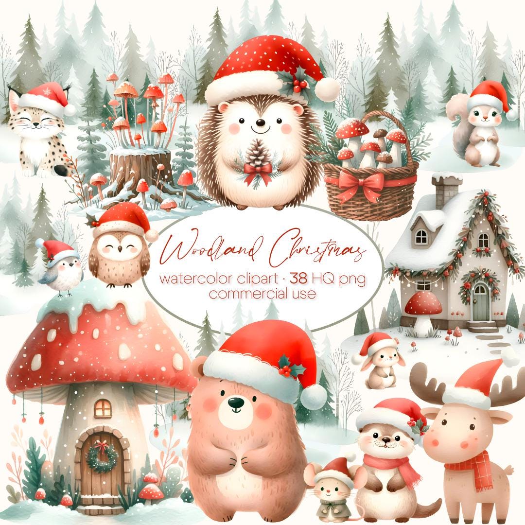 Woodland Christmas Clipart: Watercolor Animals, Forest Decor (38 PNG ...