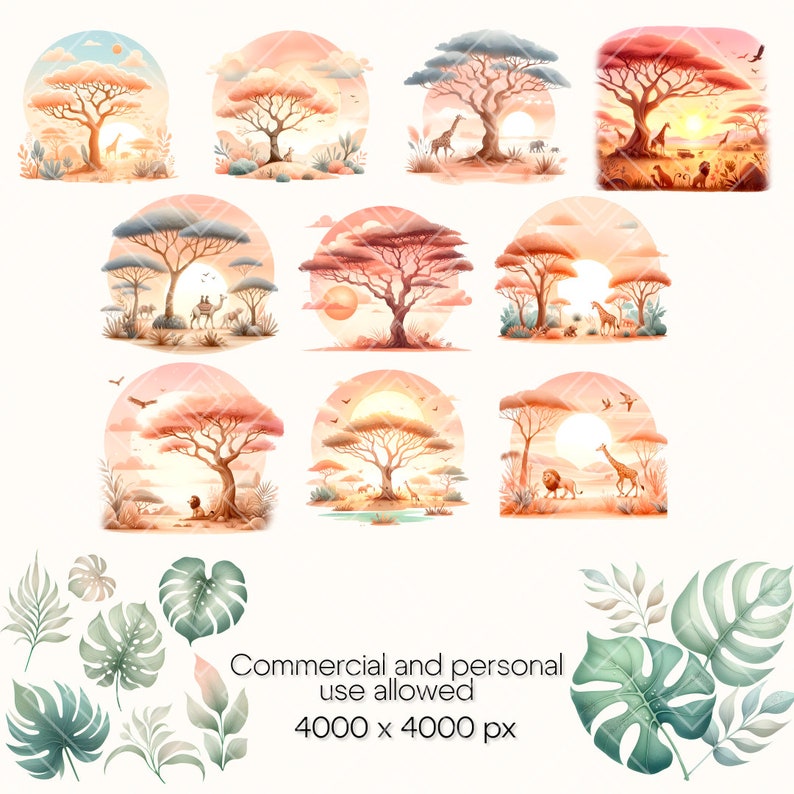 Watercolor Safari Animals Clipart: 46 Jungle PNG Illustrations (digital ...