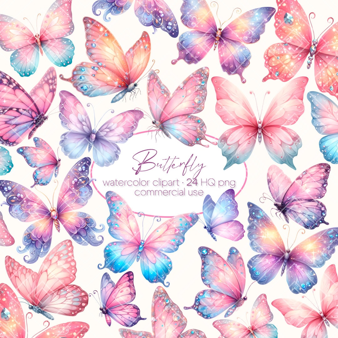 Watercolor Butterfly Clipart: 24 Colorful PNG Illustrations (digital ...